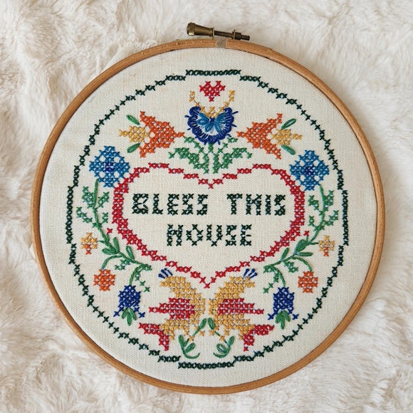 Homemade | Wall Decor | Vintage Handmade Bless This House Framed Counter Cross Stitch | Poshmark
